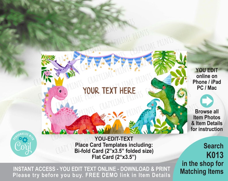 EDITABLE Dinosaur Place Card Template. Printable Cute Dino - Etsy