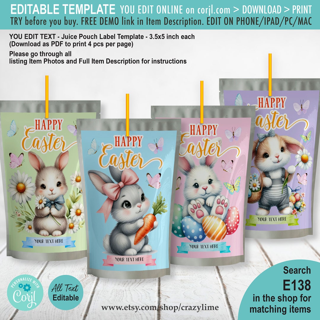 EDITABLE Bunny Easter Party Juice Pouch Labels Set of 4. Printable Bag ...