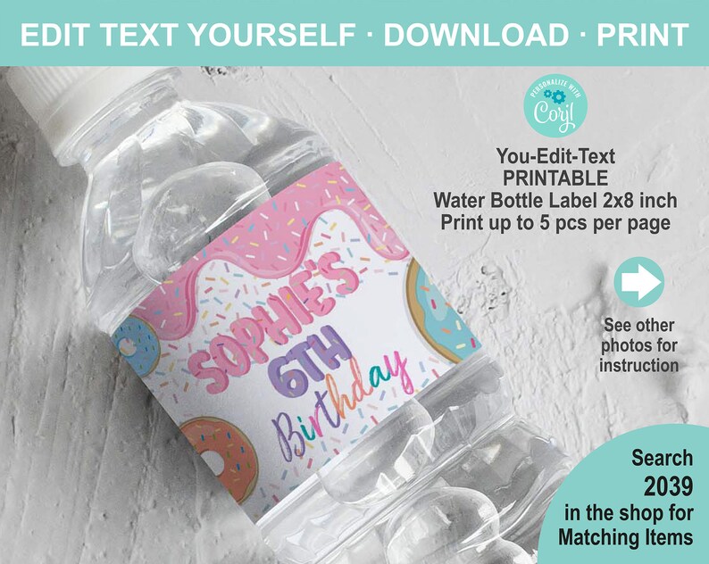 EDITABLE Donut Birthday Water Bottle Label Template. Printable | Etsy
