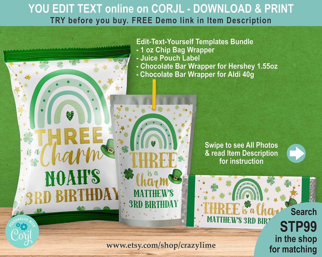 EDITABLE Three is a Charm St Patrick's 3rd Birthday Party Favors Bundle ...