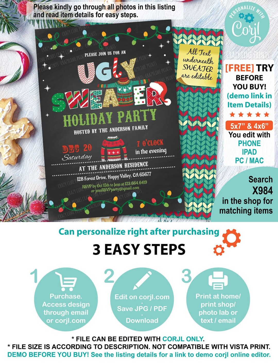 Ugly Sweater Invitation. EDITABLE Personalised Template. Christmas ...