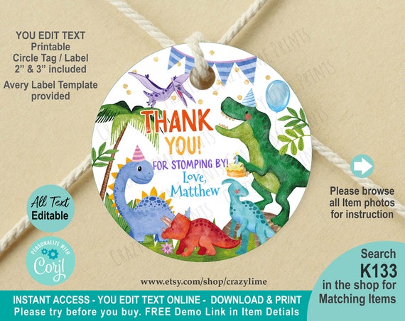 EDITABLE Dinosaur Party Favor Tag. Personalised Cute Dino Kid - Etsy