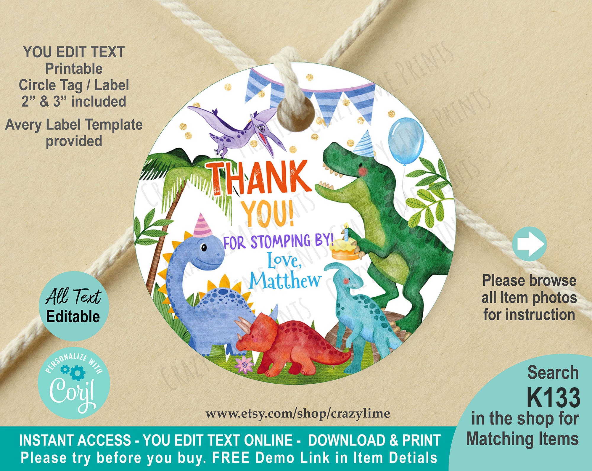 EDITABLE Dinosaur Party Favor Tag. Personalised Cute Dino Kid Boy Party ...