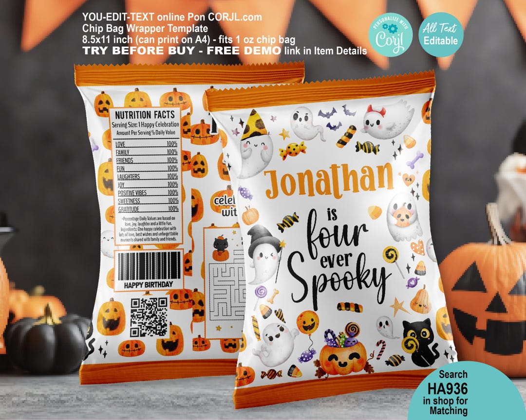 EDITABLE Four Ever Spooky 4th Birthday Chip Bag Wrapper. Kid Halloween ...