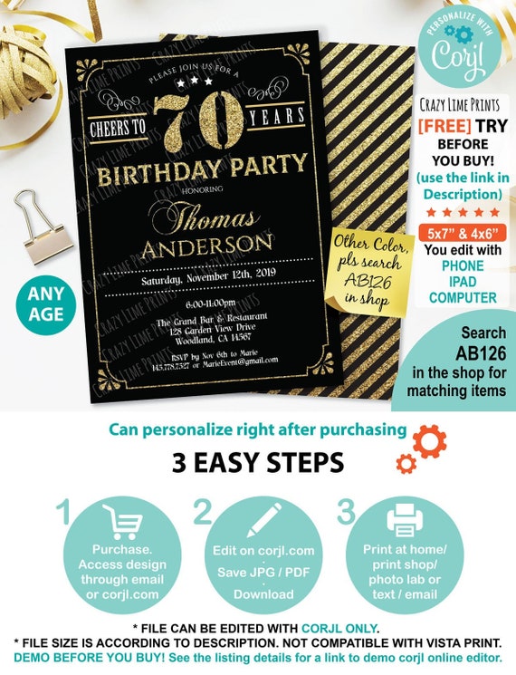 Black and gold classic man dinner Instant Download AB126 70th birthday ...