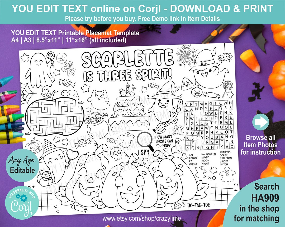 EDITABLE Halloween 3rd Birthday Party Placemat. Personalised Name ...