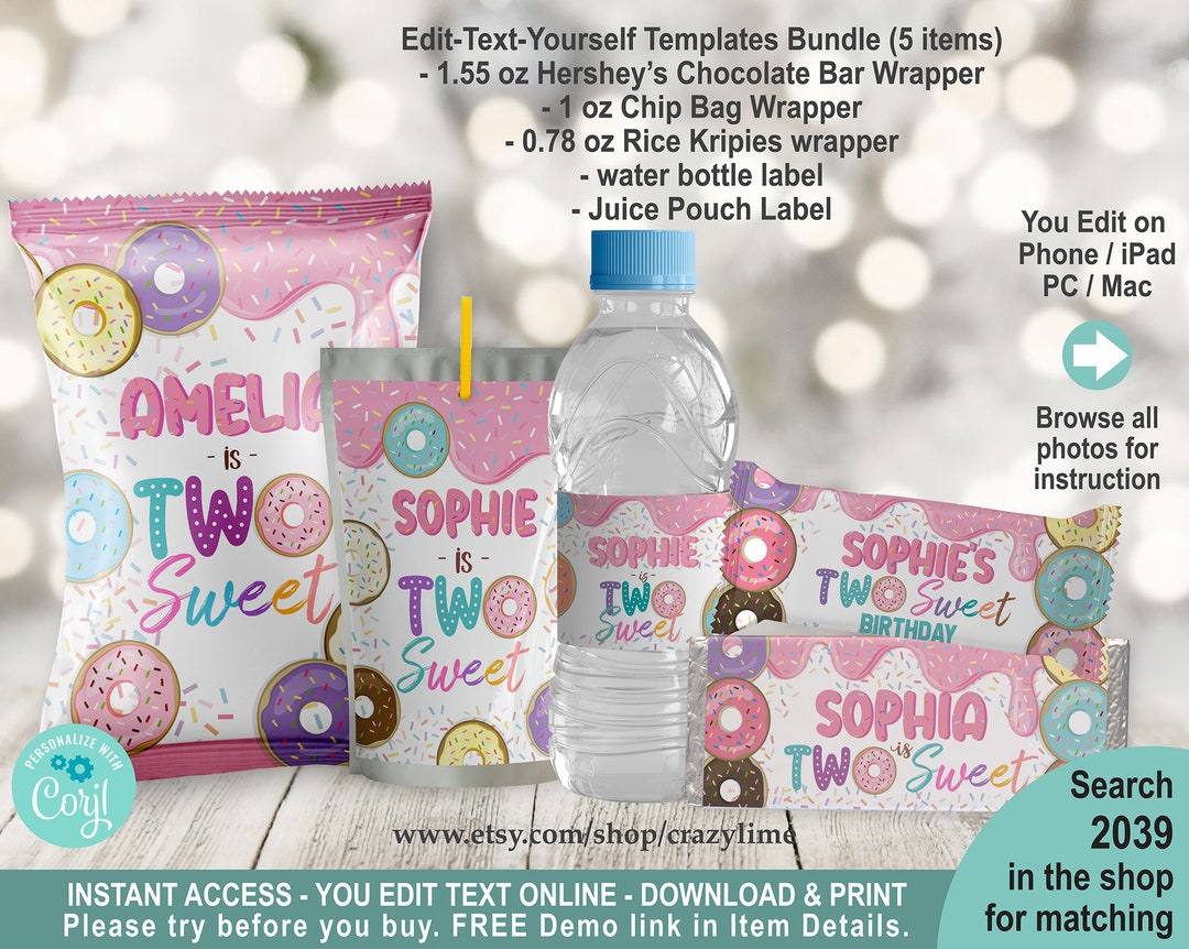EDITABLE Donut Two Sweet 2nd Birthday Party Favors Bundle 5 Templates ...