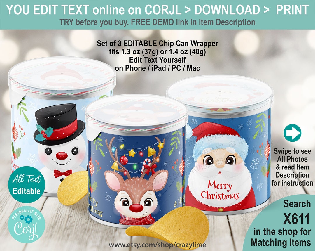EDITABLE Christmas Chip Can Wrapper Set of 3 Bundle Digital Template ...