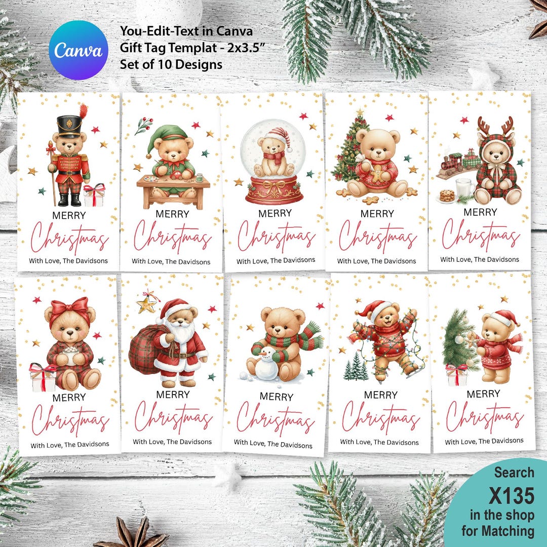 EDITABLE Bear Christmas Gift Tag. Watercolor Hand Drawn Teddy Printable ...