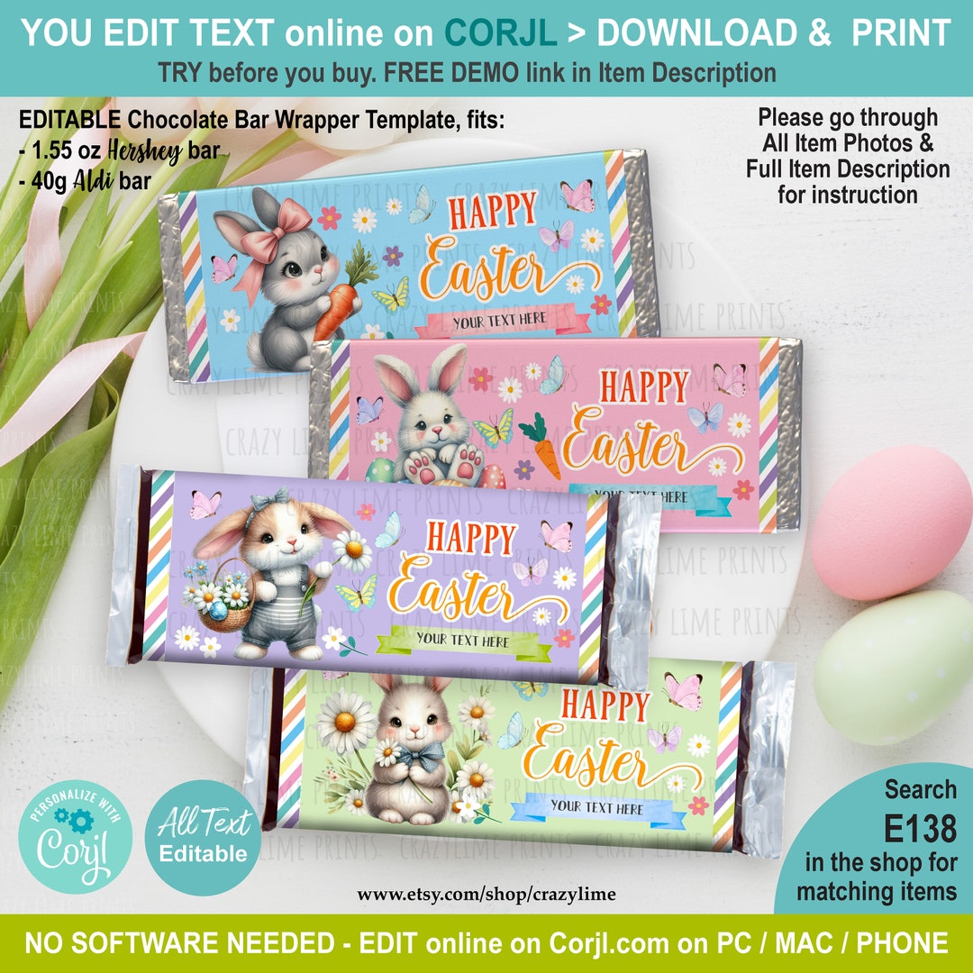 EDITABLE Easter Bunny Candy Bar Wrapper Template. Kid Party Favor ...