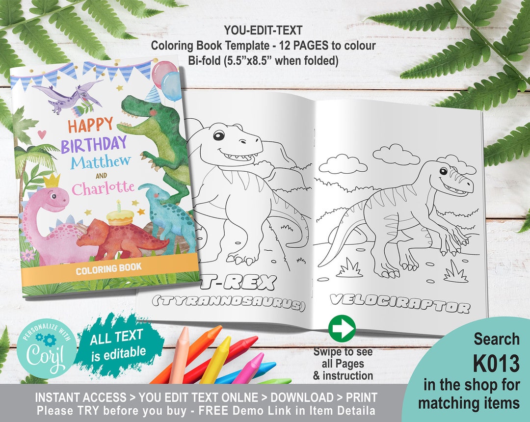 EDITABLE Dinosaur Siblings Boy Girl Coloring Book. 8.5x11 Inch (5.5x8.5 ...