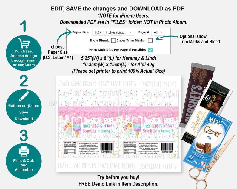 EDITABLE Three 3 Scoops of Fun Party Favors Bundle Set of 5 Templates ...