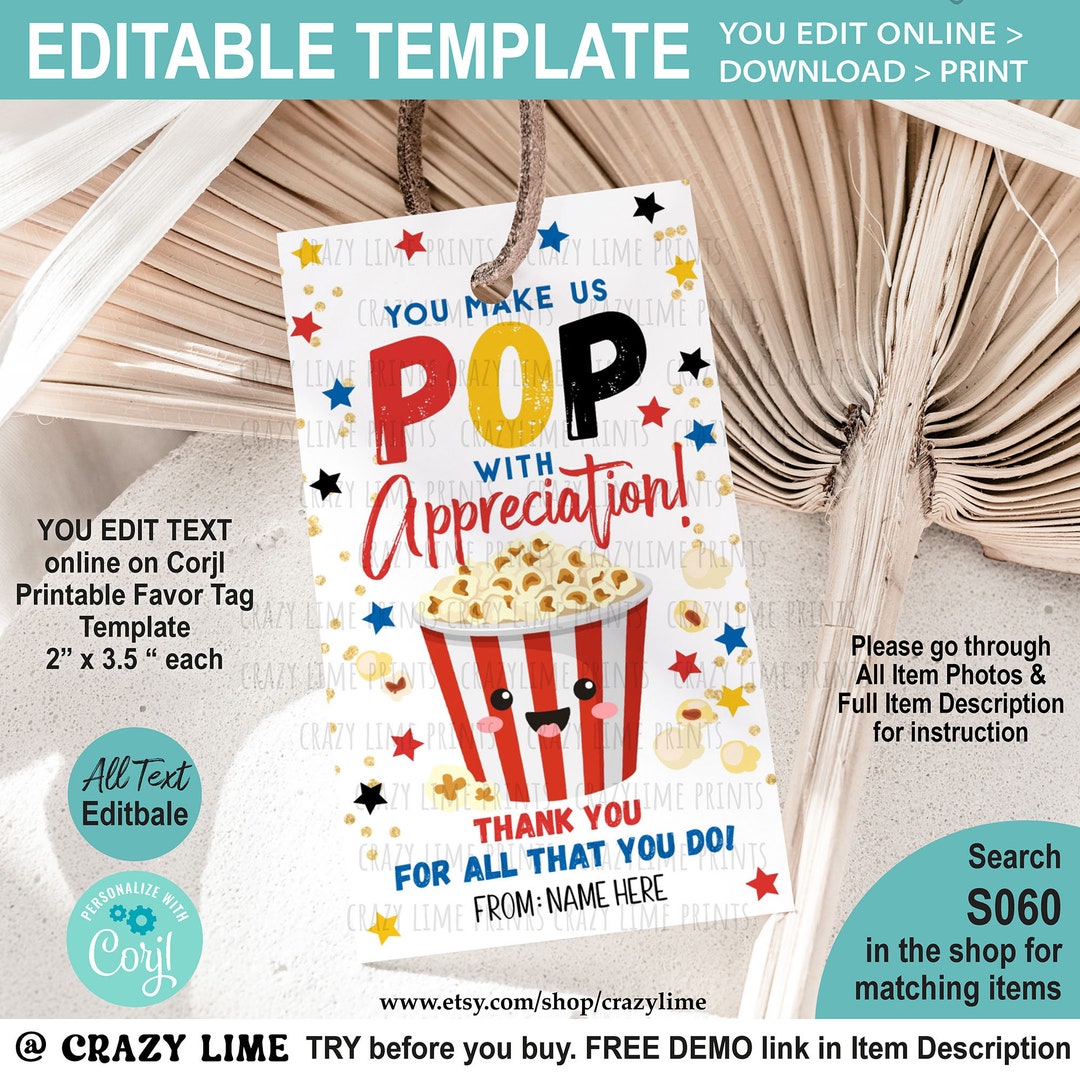 Popcorn Thank You Tag Teacher Appreciation Gift Label EDITABLE Template ...