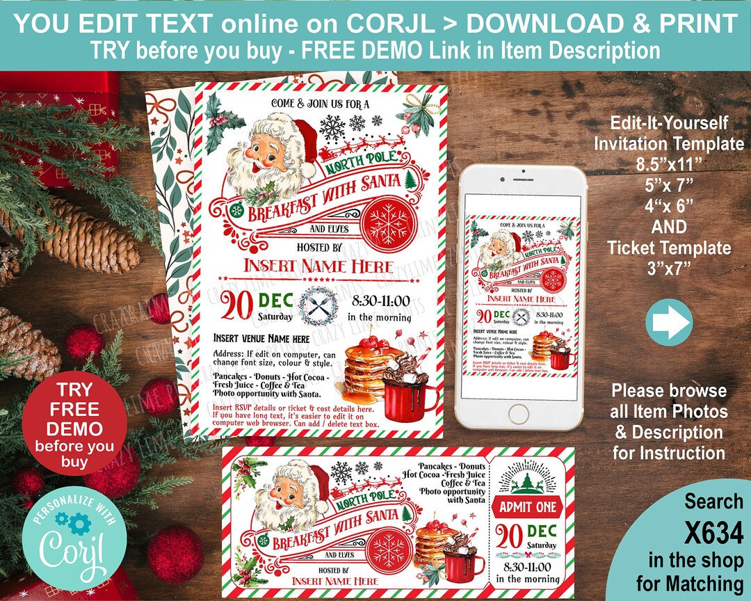 Editable Breakfast With Santa Invitation. Kid Christmas North Pole ...