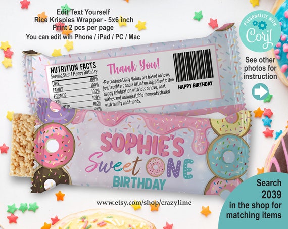 Donut Sweet One Krispie Rice Wrapper Template. EDITABLE Treat - Etsy