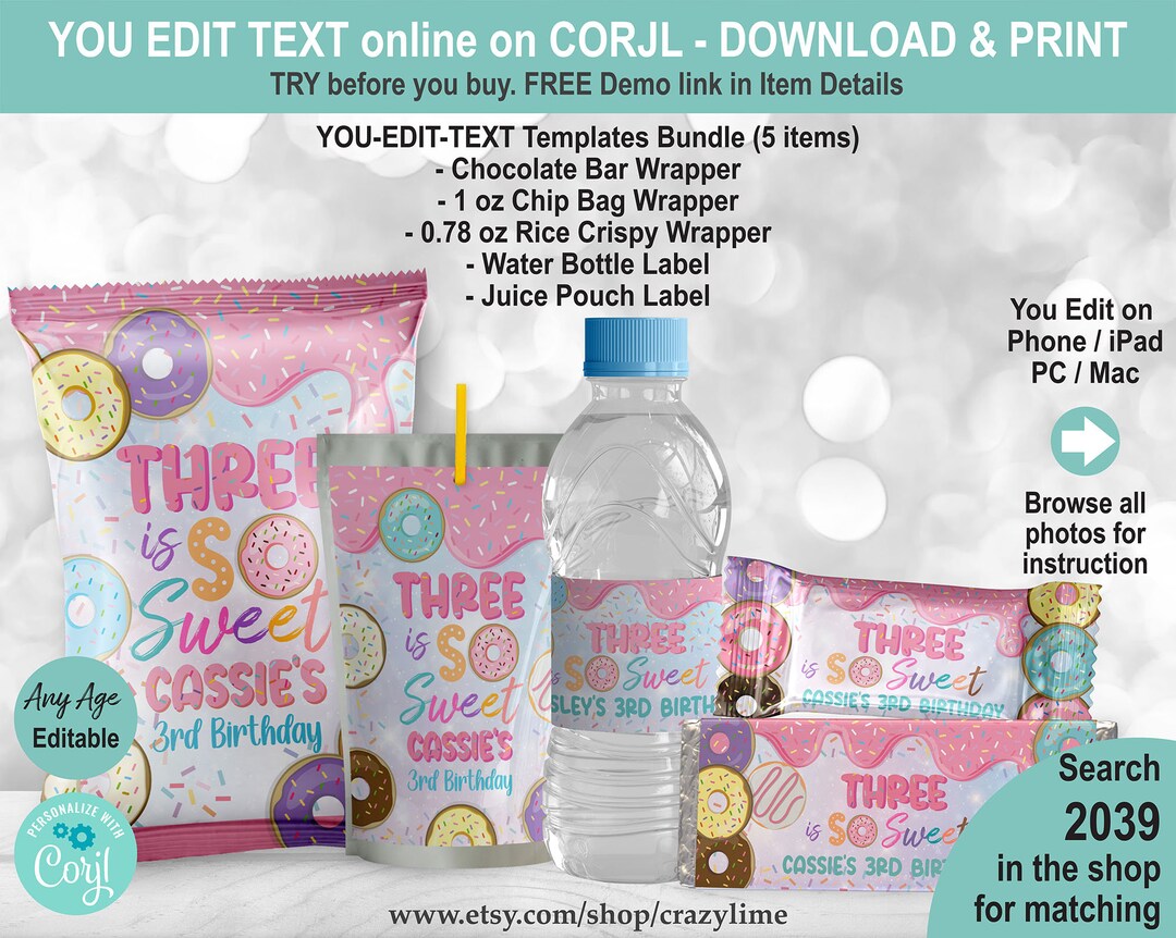 EDITABLE Donut Three is so Sweet 3rd Birthday Party Favors Bundle. Set ...