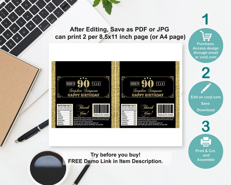 EDITABLE 90th Birthday Chocolate Candy Bar Wrapper - Etsy