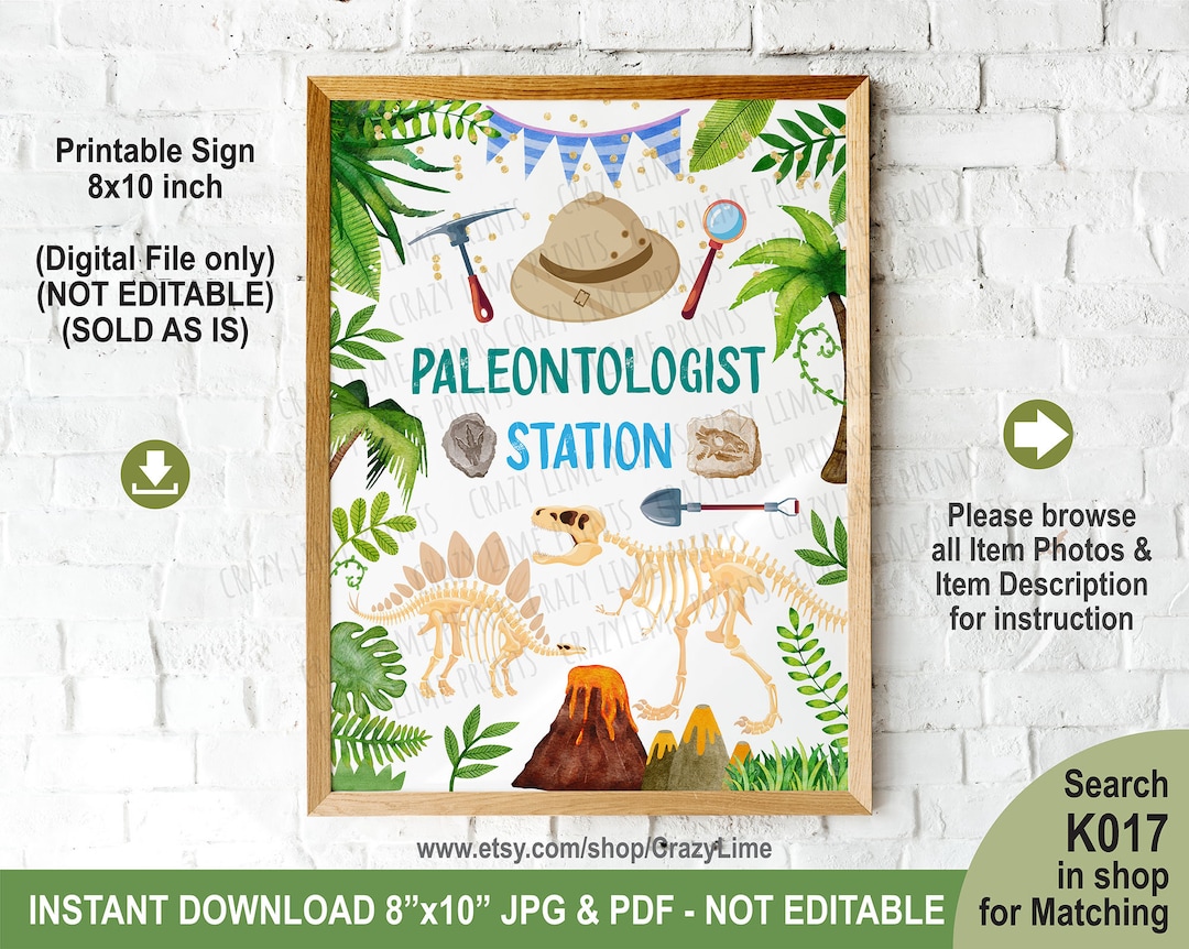 Dinosaur Party Paleontologist Station Sign. Boy Kid Cute Dino Birthday ...