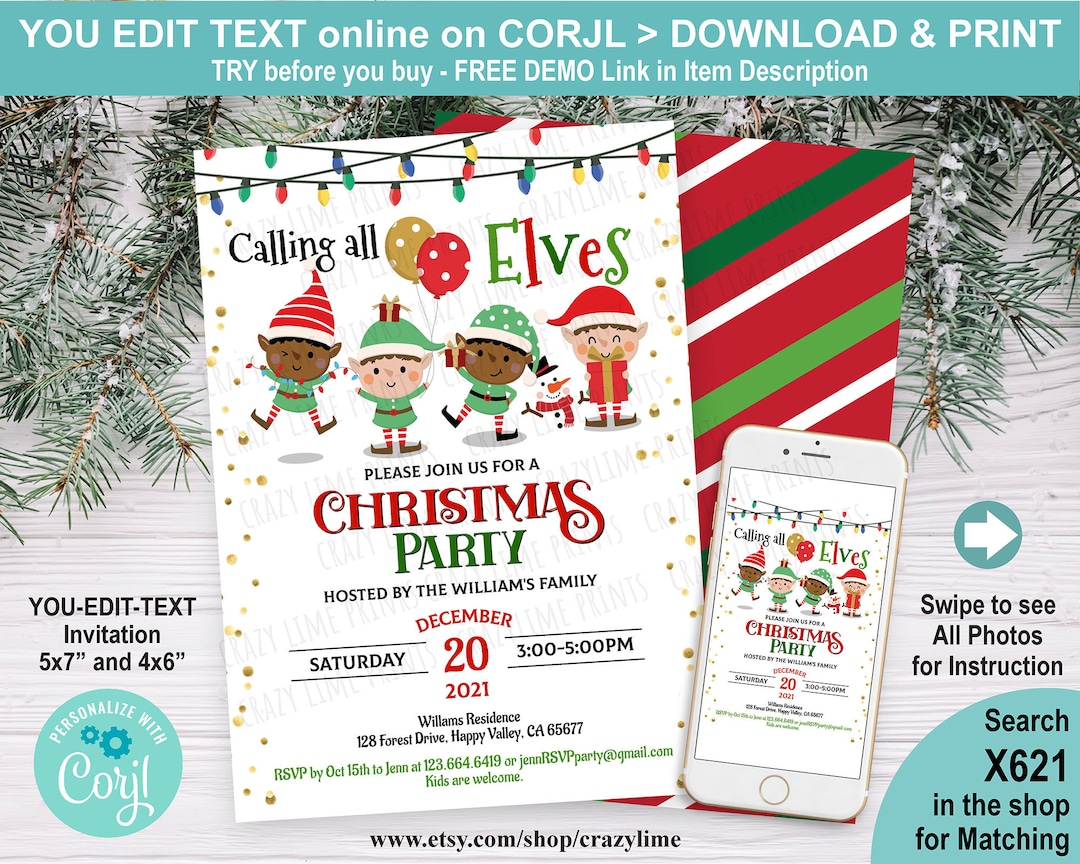 EDITABLE Elf Christmas Party Invitation EDITABLE Template. Cute Kids ...