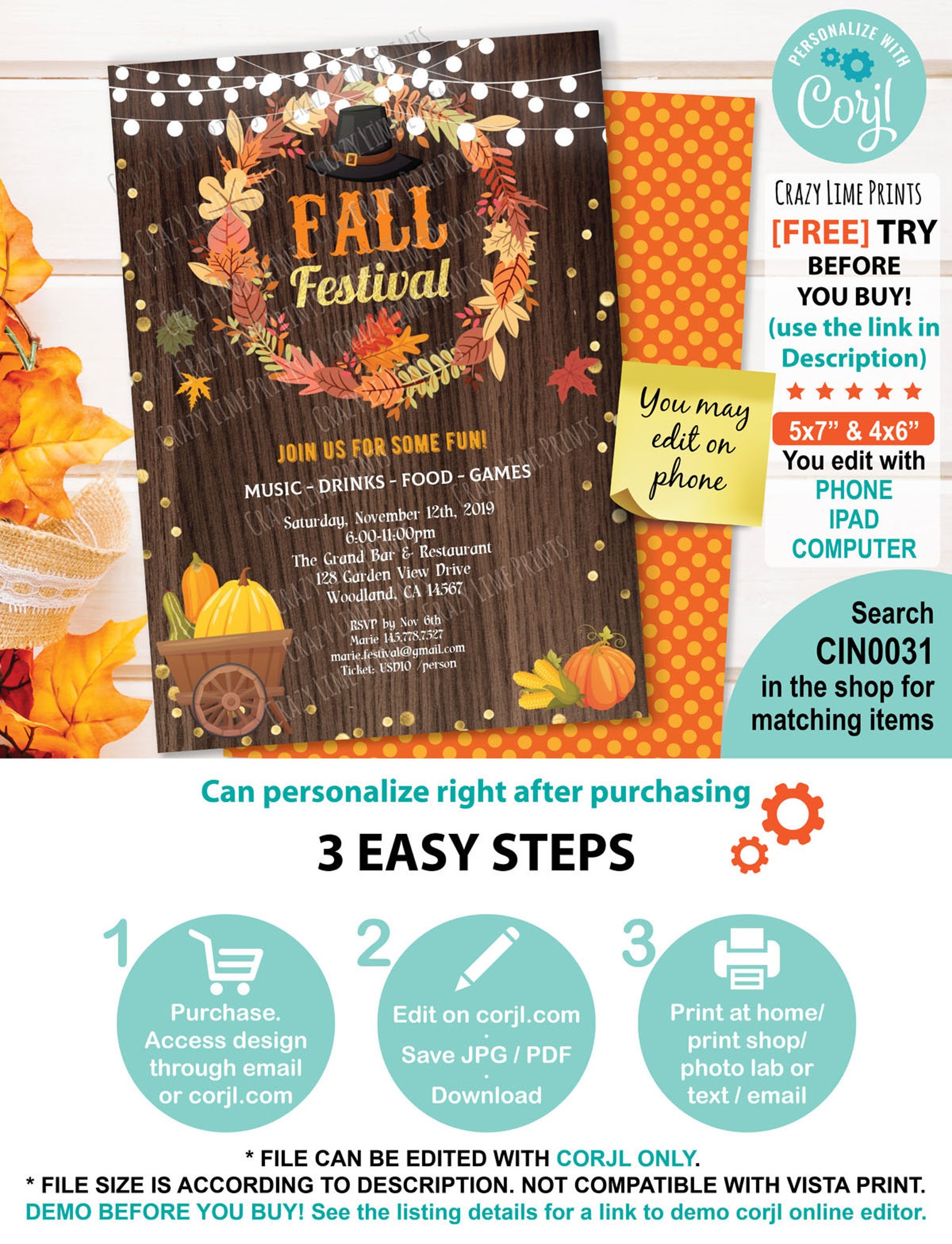 Fall Festival Invitation. EDITABLE Invite Flyer Template. - Etsy