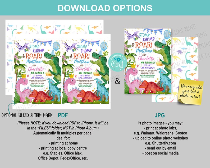 Editable Dinosaur Twins Girl Boy Birthday Party Invitation. Cute Dino ...