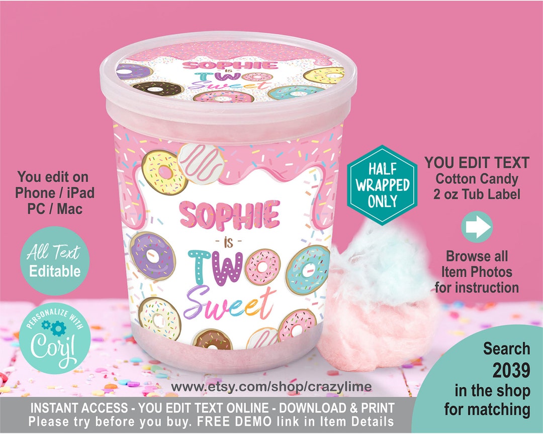 EDITABLE Donut Two Sweet Cotton Candy 2 Oz Tub Label. Personalised ...