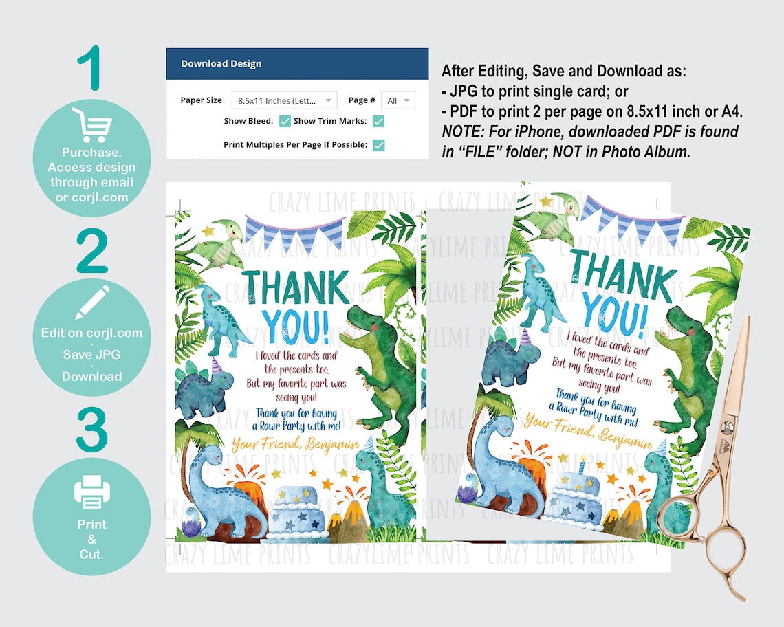 EDITABLE Dinosaur Thank You Card Template. 4x6 and 5x7 Inch - Etsy