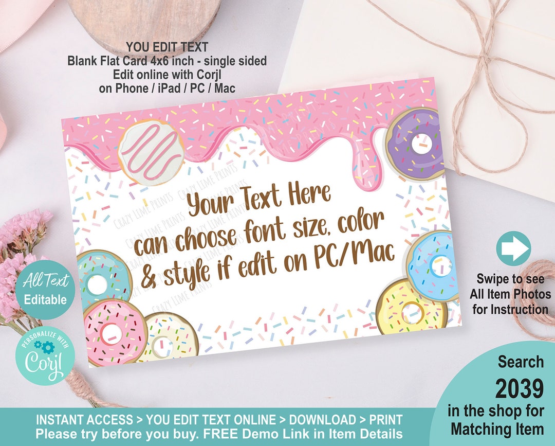 Editable Donut Note / Table Card / Place Card 4x6 Inch Flat - Etsy