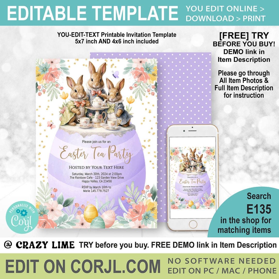 Editable Easter Tea Party Invitation Template. Watercolor Bunny Invite ...