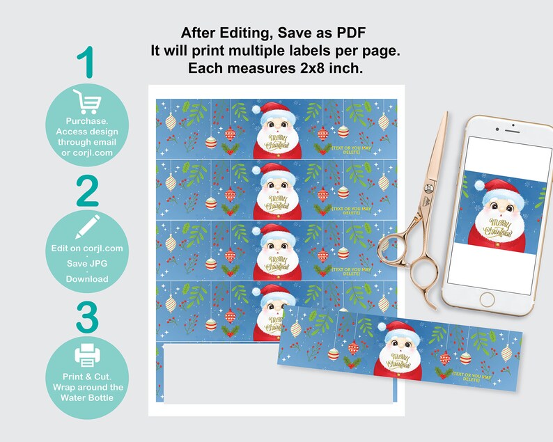 EDITABLE Christmas Water Bottle Label Template Set of 3. | Etsy
