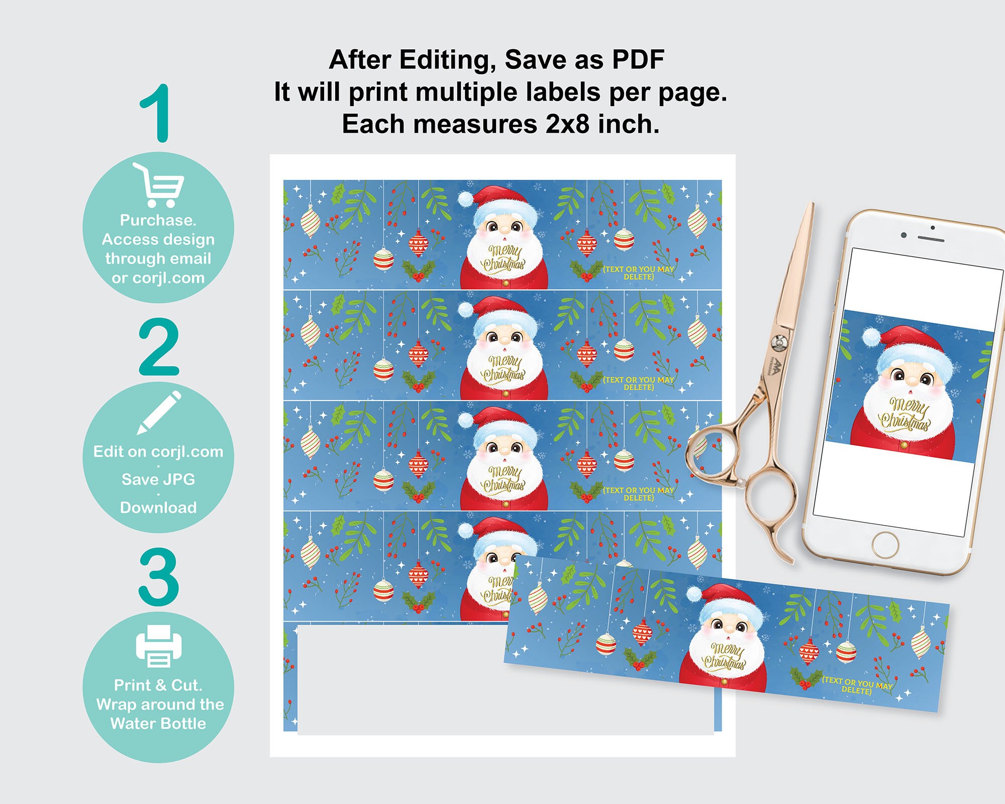 EDITABLE Christmas Water Bottle Label Template Set of 3. - Etsy