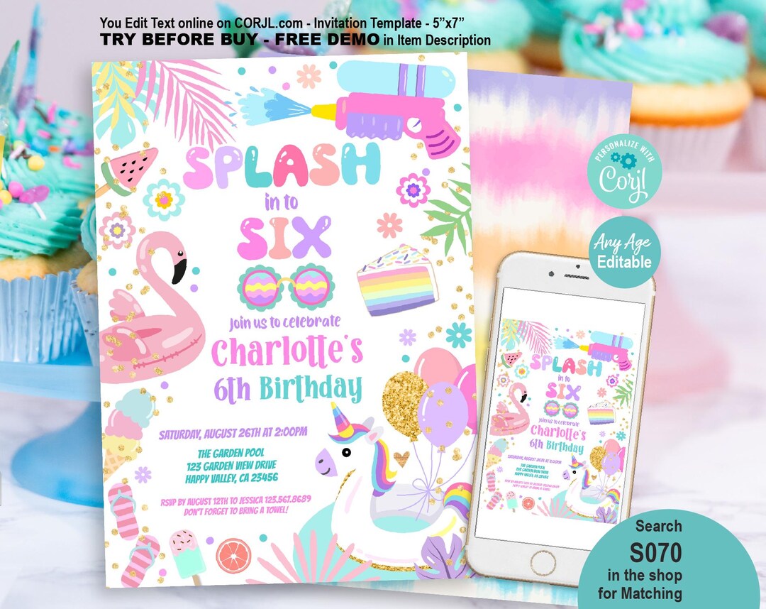 EDITABLE Splash Into 6 Six Girl 6th Birthday Pool Party Invitation ...