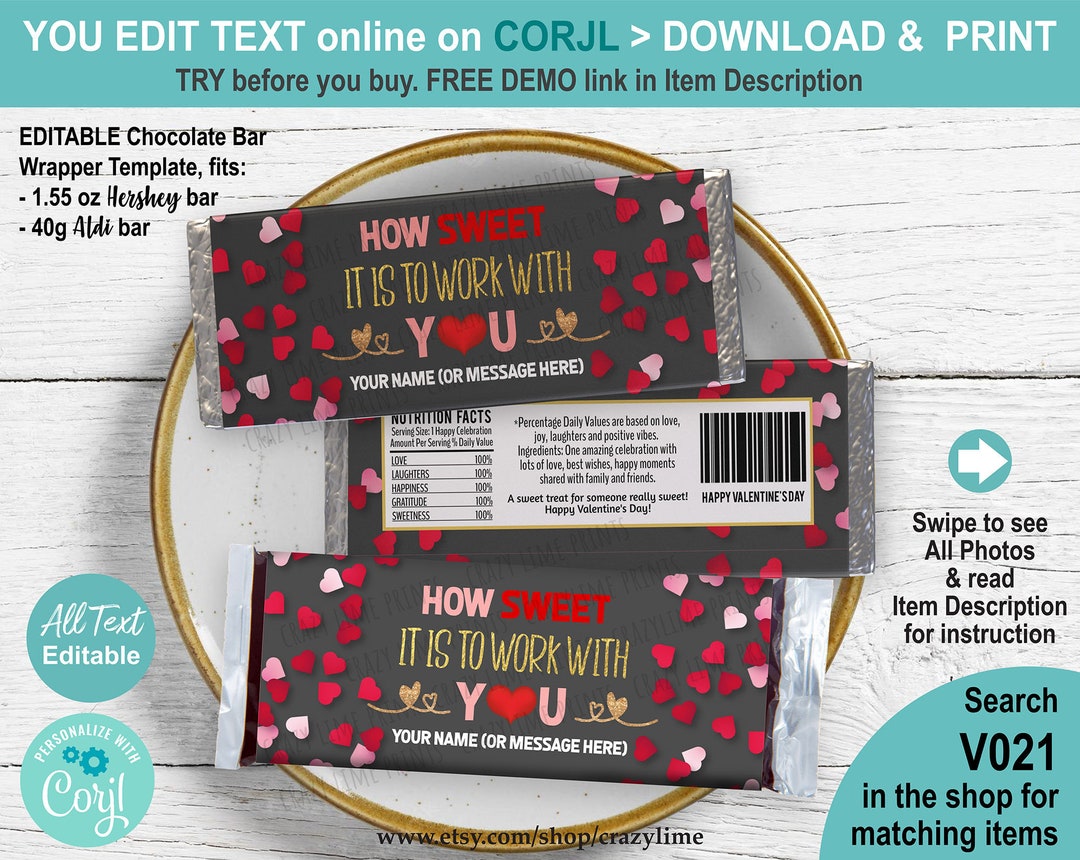 EDITABLE Valentine's Chocolate Candy Bar Wrapper Personalised Template ...