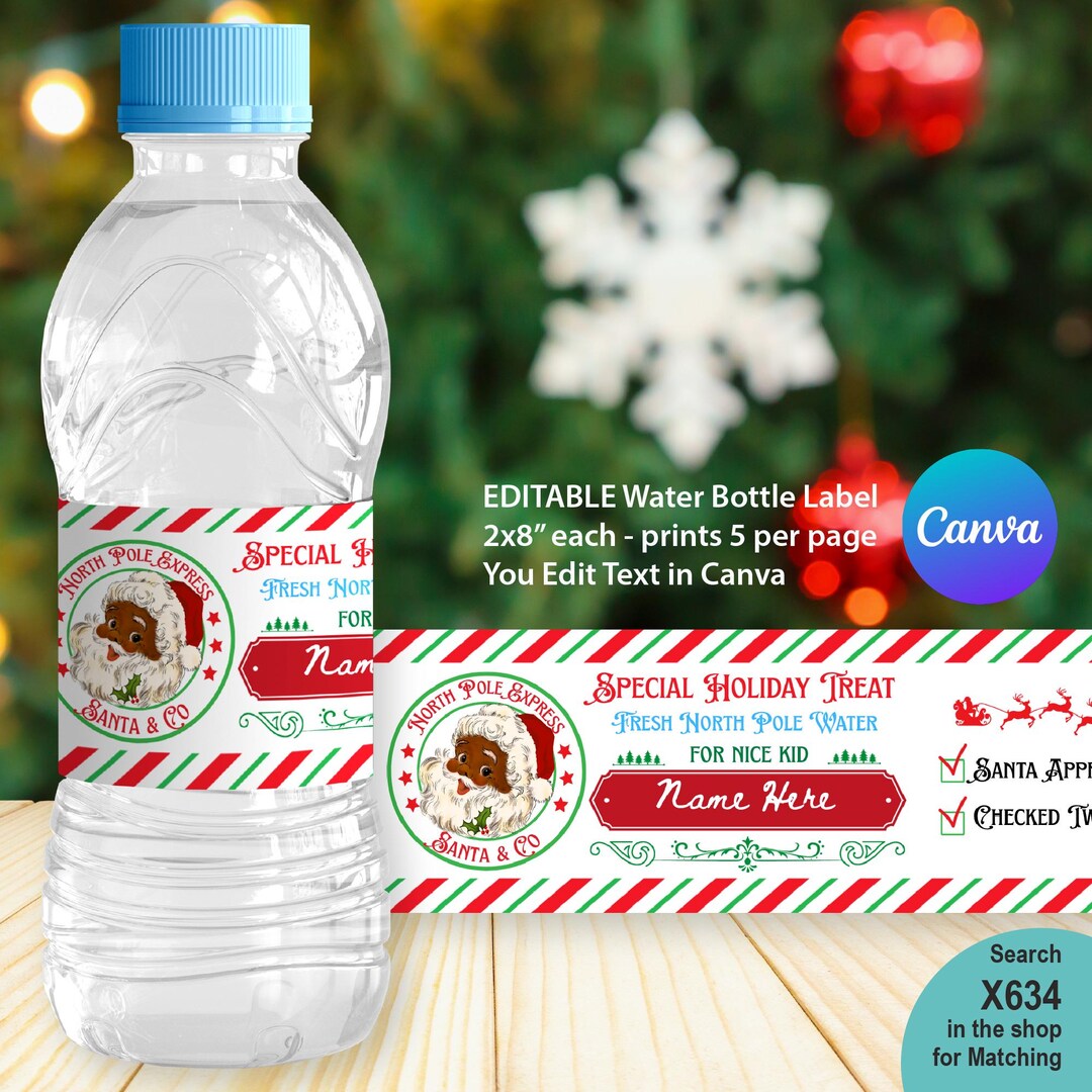 EDITABLE North Pole Express African Santa Water Bottle Label Template ...