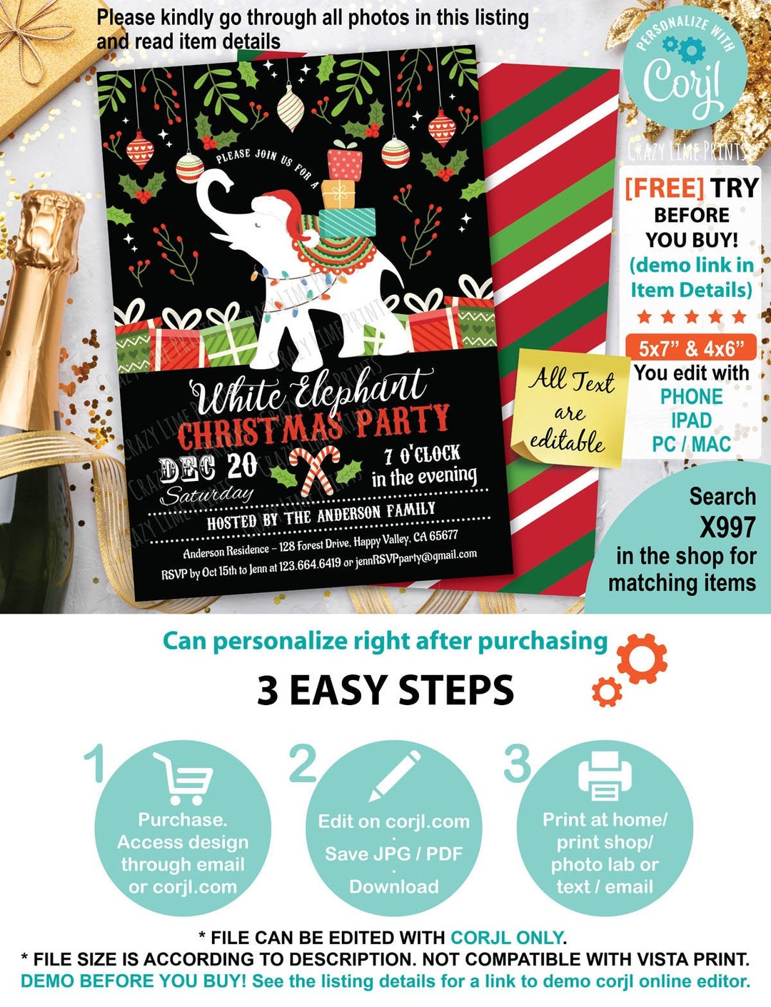 White Elephant Christmas Party Invitation. EDITABLE Personalised Invite ...