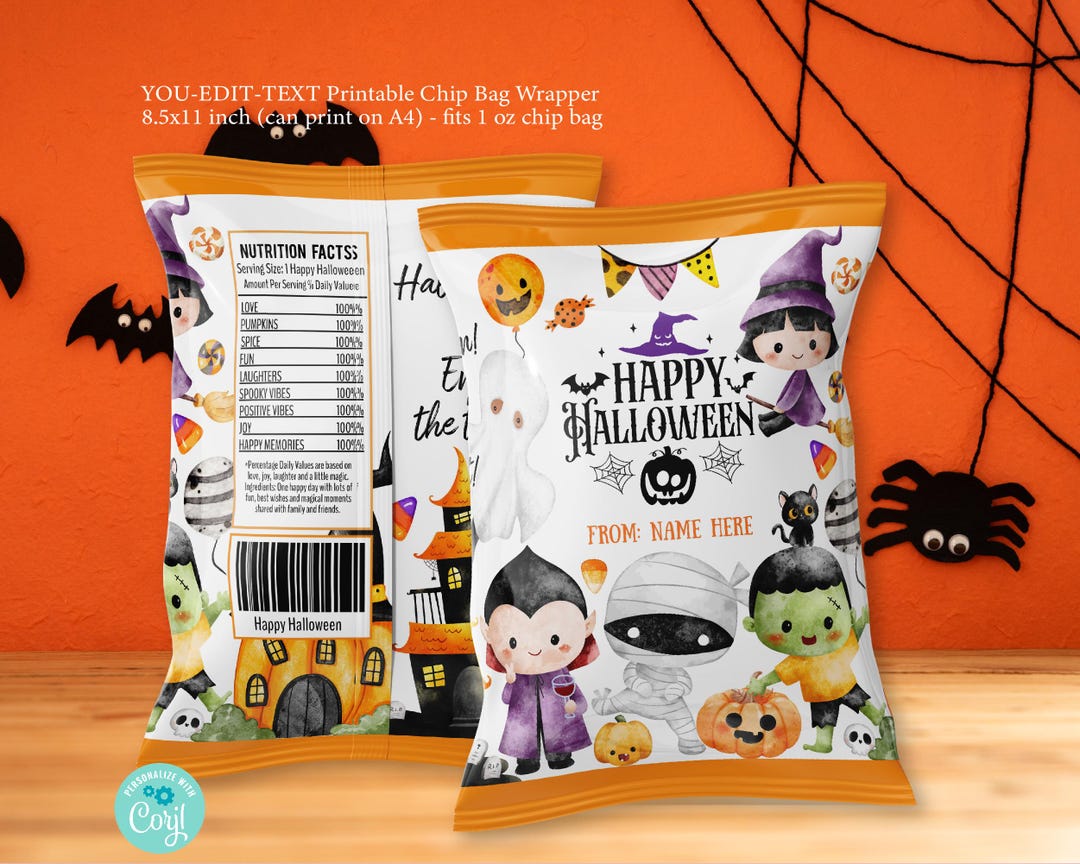 EDITABLE Halloween Chip Bag Wrapper. Kid Costume Party Treat Bag Label ...