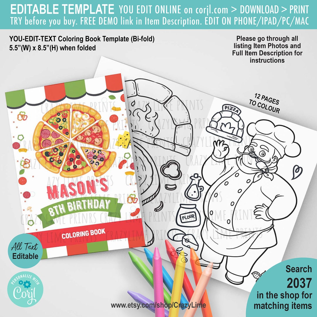 EDITABLE Pizza Birthday Party Coloring Book. 8.5 X 11 Inch (5.5 X 8.5 ...