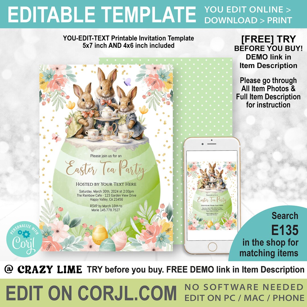 Editable Easter Tea Party Invitation Template. Watercolor Bunny Invite ...