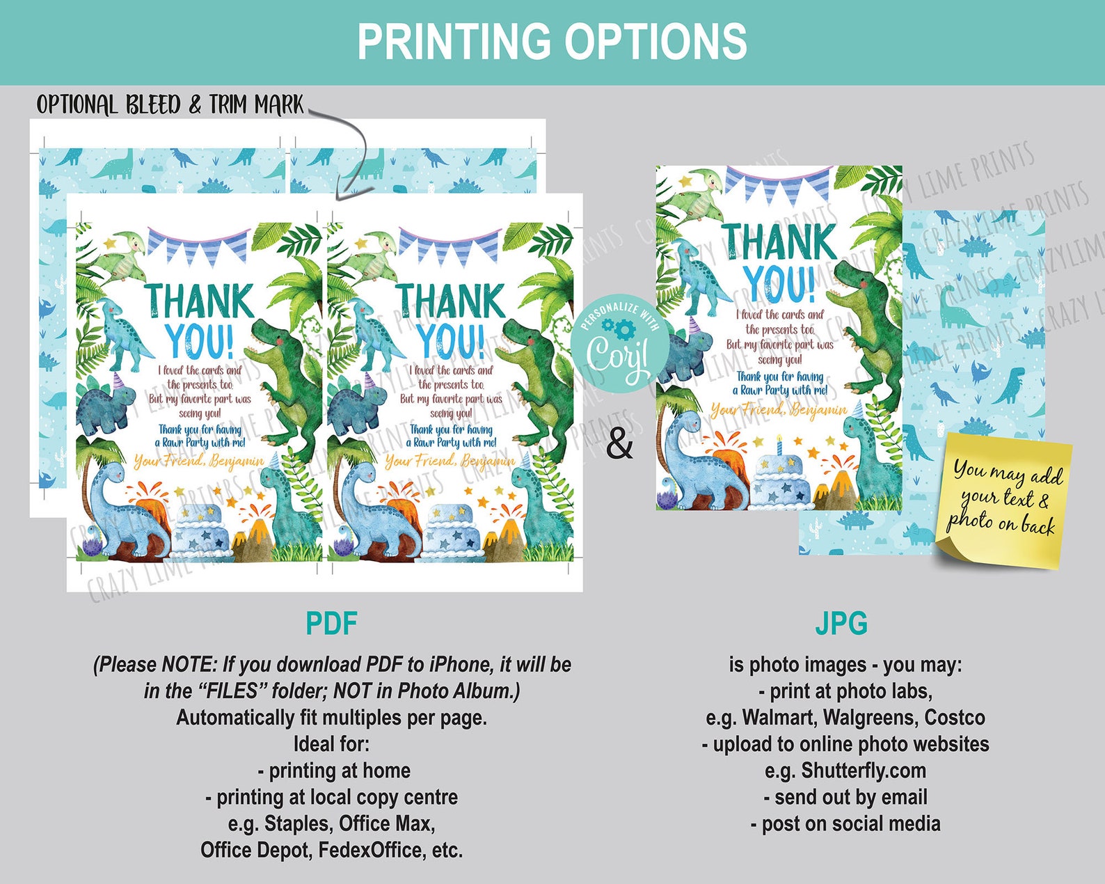 EDITABLE Dinosaur Thank You Card Template. 4x6 and 5x7 Inch - Etsy