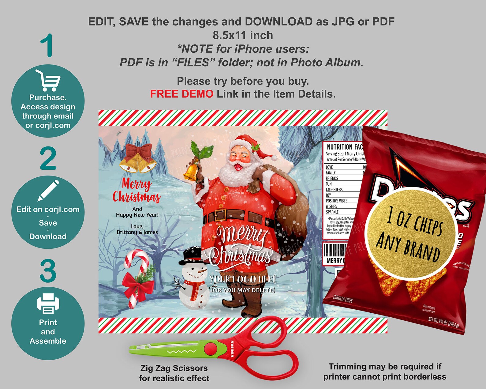EDITABLE Vintage Santa Chip Bag Wrapper Set of 4 Bundle Template ...