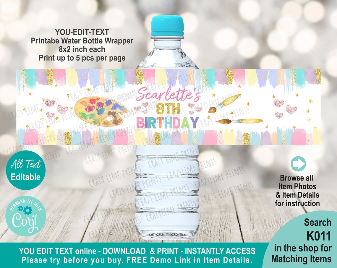 EDITABLE Pastel Art Painting Party Water Bottle Label - Etsy