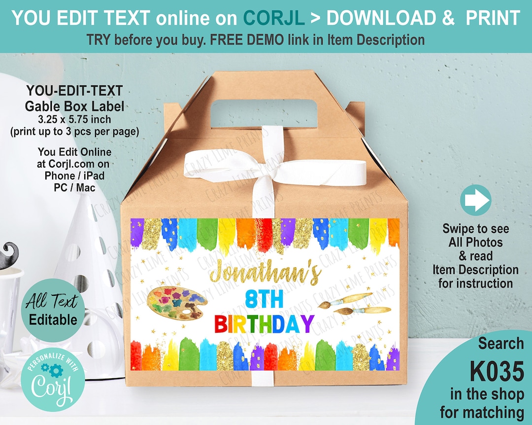 EDITABLE Art Birthday Party Gable Box Label. Printable Goody Box / Bag ...