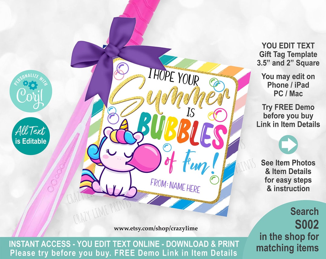 Unicorn Bubble Wand Gift Tag Editable Template. End of School Year I ...