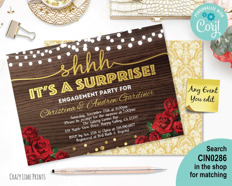 EDITABLE Surprise Engagement Party Invitation Red Rose Rustic Etsy