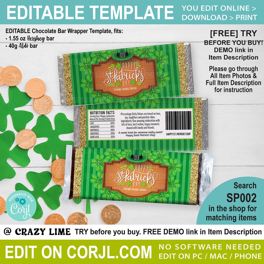 EDITABLE St Patrick's Day Chocolate Candy Bar Wrapper Personalised ...