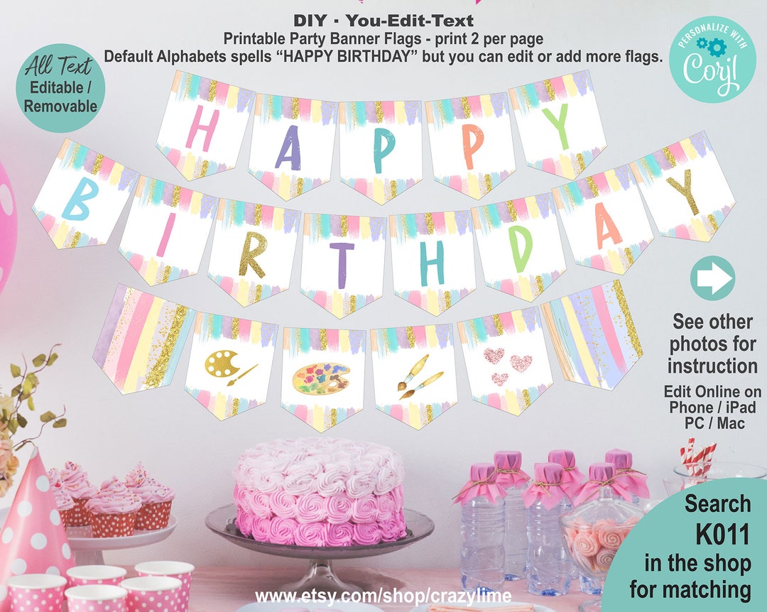 EDITABLE Pastel Art Party Happy Birthday Banner Flags. Girl Kid Teen ...