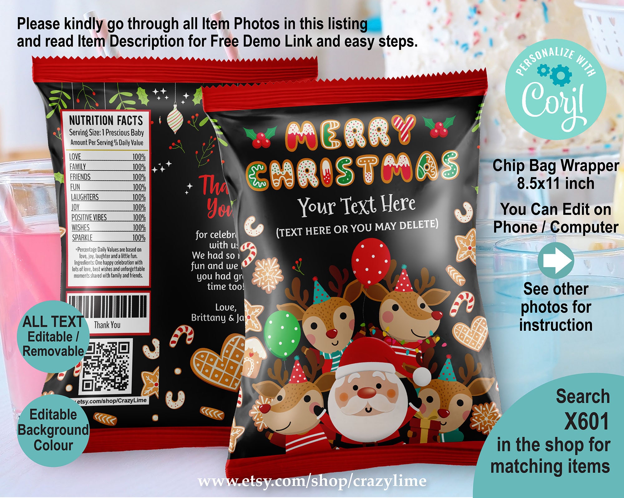 EDITABLE Christmas Chip Bag Wrapper Template. Personalised Holiday ...
