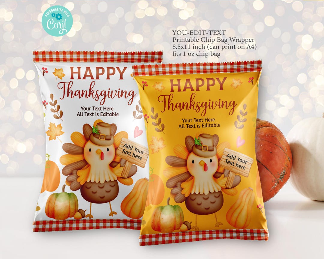EDITABLE Happy Thanksgiving Chip Bag Wrapper. Cute Turkey Kid Party ...