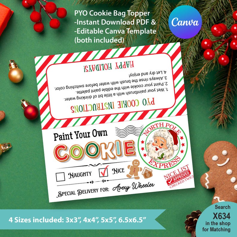 Christmas PYO Cookie Bag Toppers With Instruction Text. Printable Paint ...
