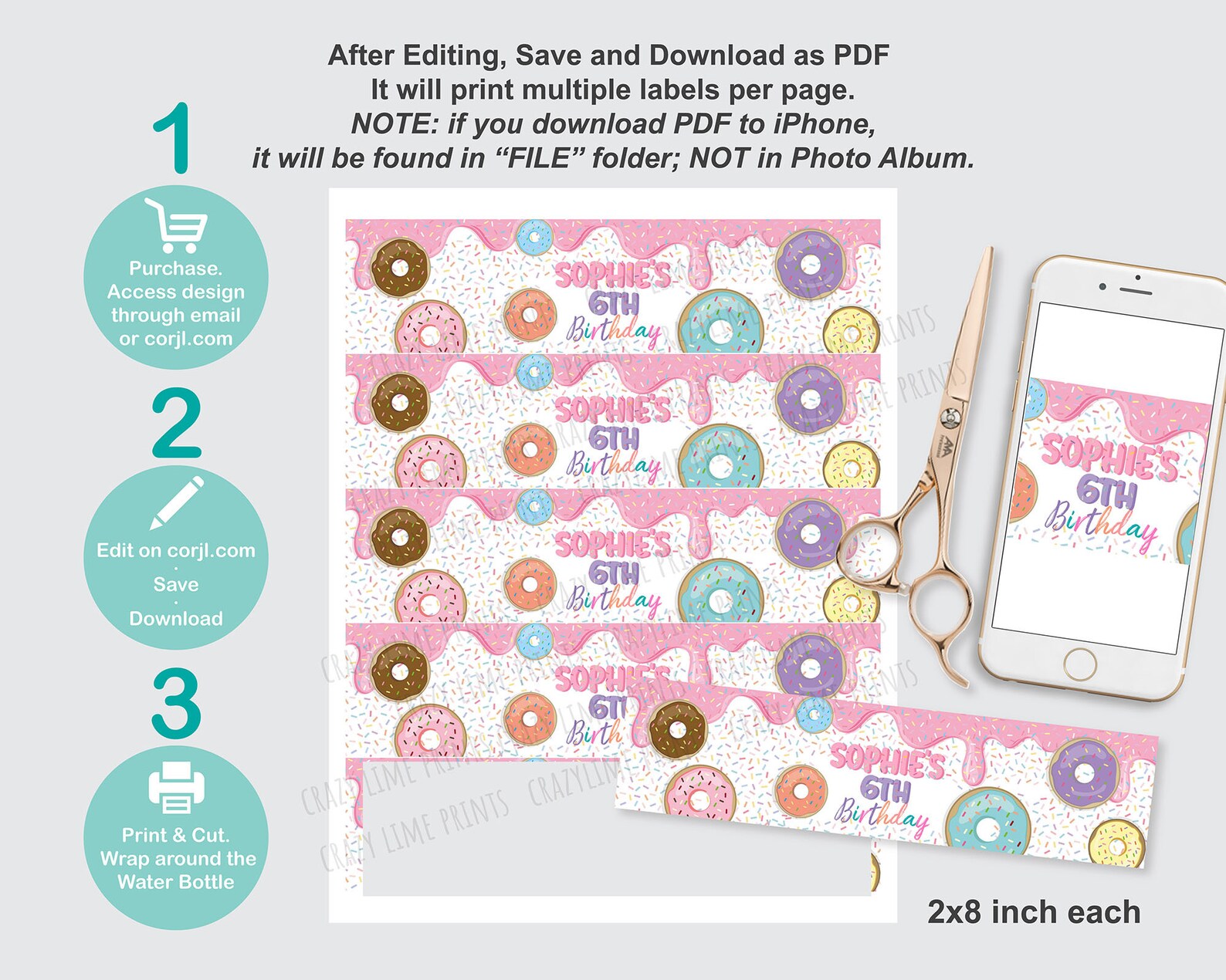 EDITABLE Donut Birthday Water Bottle Label Template. Printable Pink ...